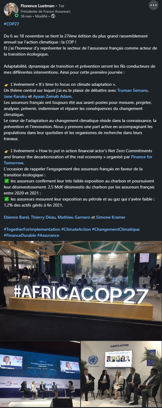 COP27 : Florence Lustman représente le secteur de l’assurance français ...